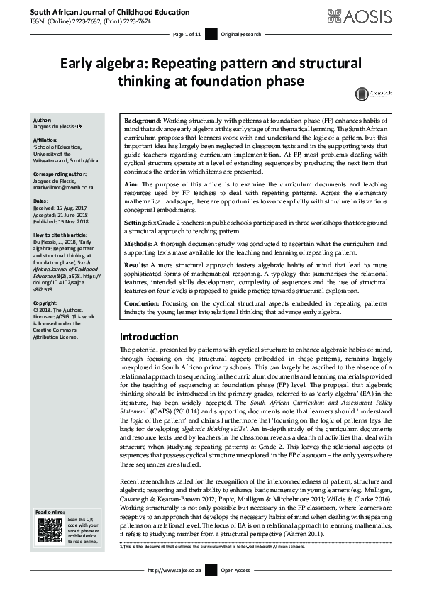 (PDF) Early algebra: Repeating pattern and structural thinking at ...