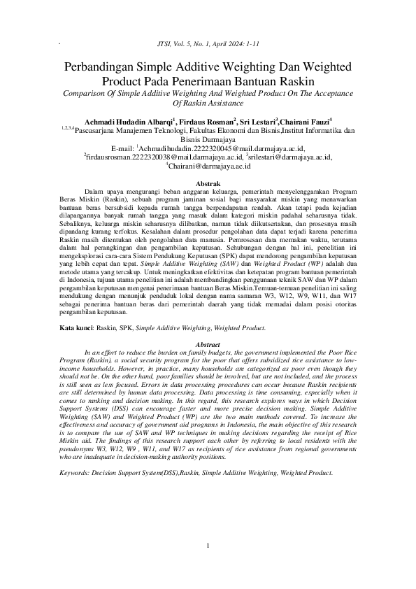 (PDF) Perbandingan Simple Additive Weighting dan Weighted Product Pada Penerimaan Bantuan Raskin