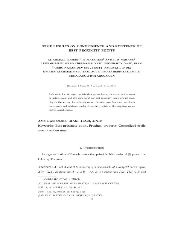 (PDF) Some results on convergence and existence of best proximity points