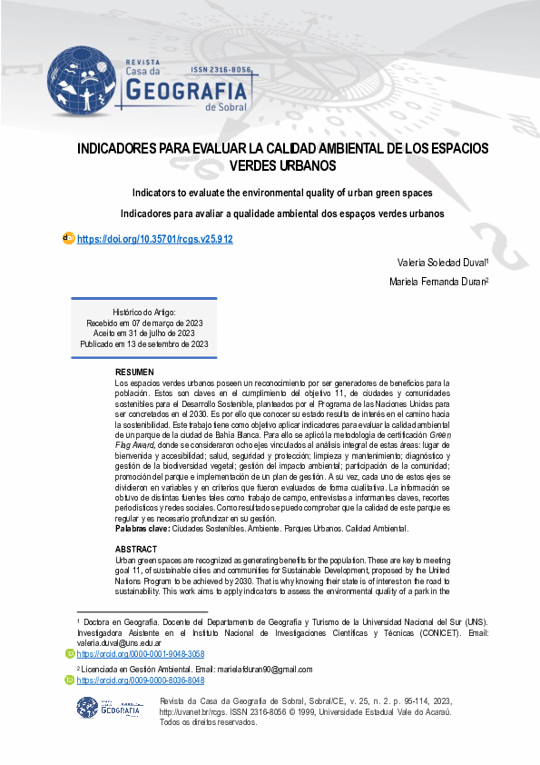 (PDF) Indicadores Para Evaluar La Calidad Ambiental De Los Espacios Verdes Urbanos