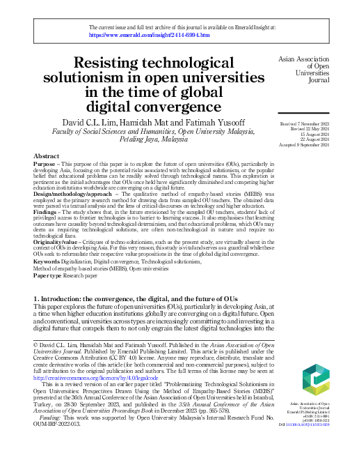 (PDF) Resisting technological solutionism in open universities in the ...