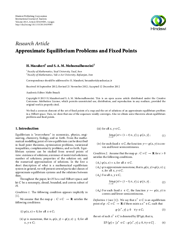 (PDF) Approximate Equilibrium Problems and Fixed Points