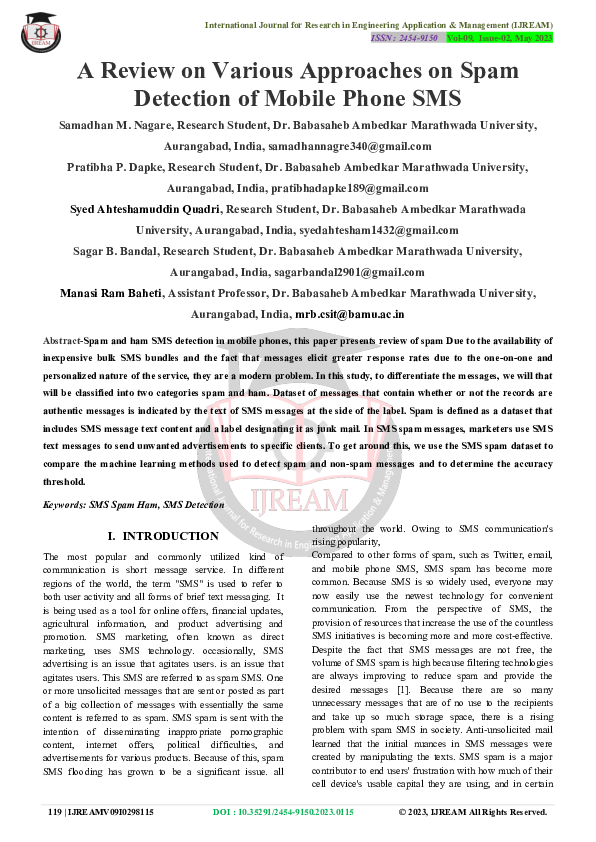 (PDF) Spam Detection in Mobile SMS: A Review