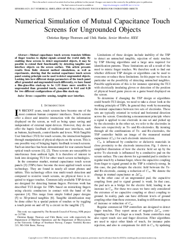 (PDF) Numerical Simulation of Mutual Capacitance Touch Screens for Ungrounded Objects | Ulrik ...