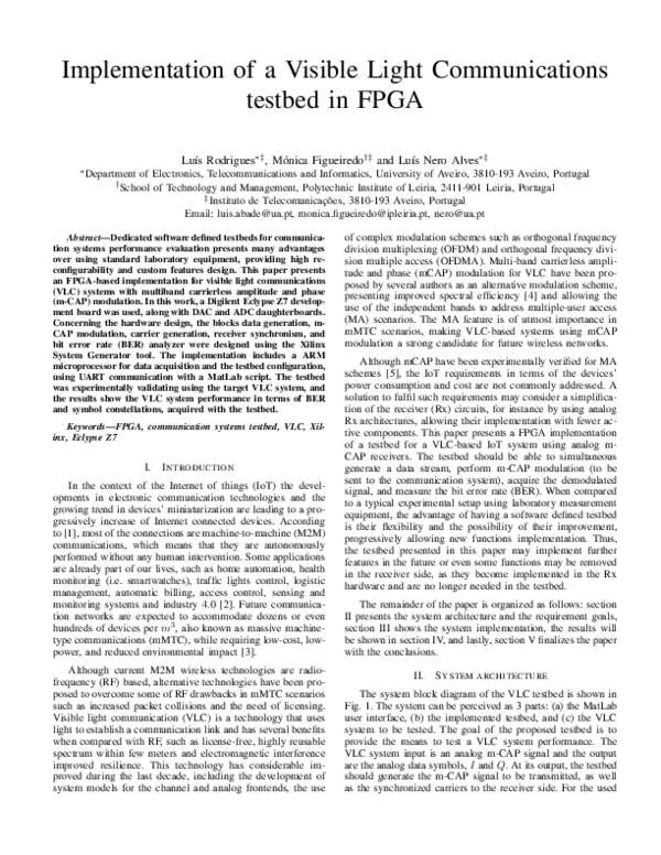 Pdf Implementation Of A Visible Light Communications Testbed In Fpga