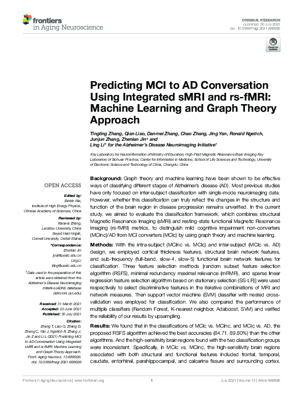 (PDF) Predicting MCI to AD Conversation Using Integrated sMRI and rs-fMRI: Machine Learning and ...