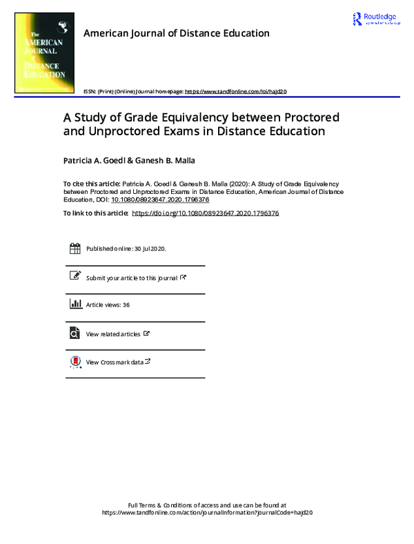 (PDF) A Study of Grade Equivalency between Proctored and Unproctored Exams in Distance Education