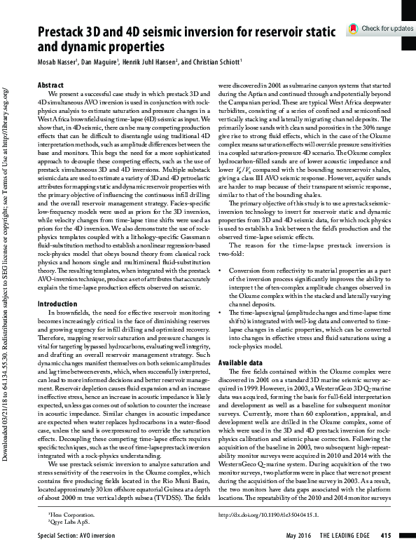 (PDF) Prestack 3D and 4D seismic inversion for reservoir static and dynamic properties