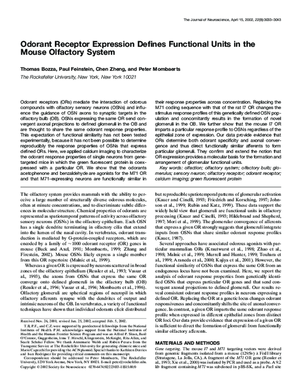 Pdf Odorant Receptor Expression Defines Functional Units In The Mouse Olfactory System