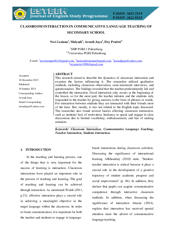 (PDF) Classroom Interaction in Communicative Language Teaching of Secondary School