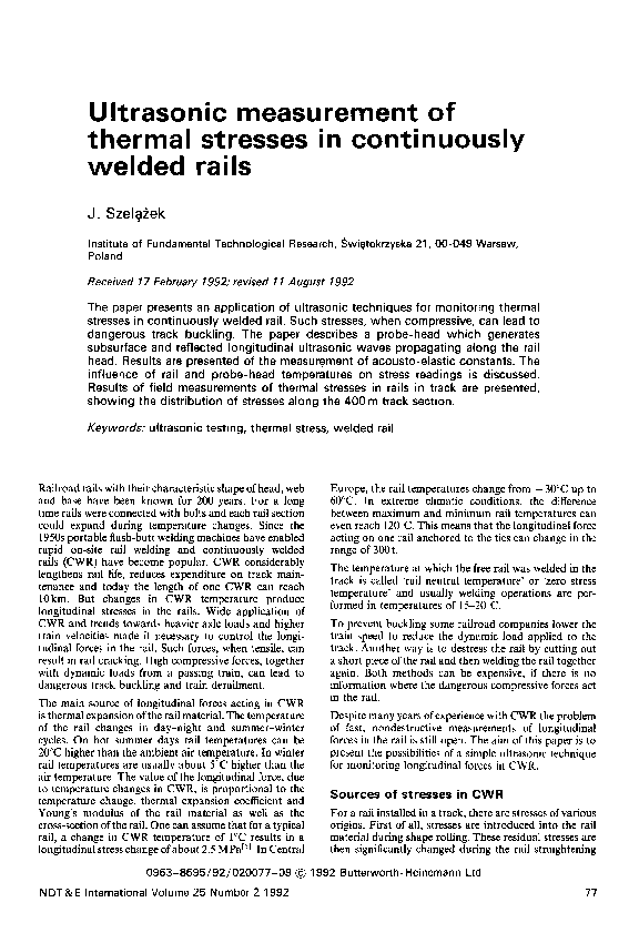 (PDF) Ultrasonic measurement of thermal stresses in continuously welded ...