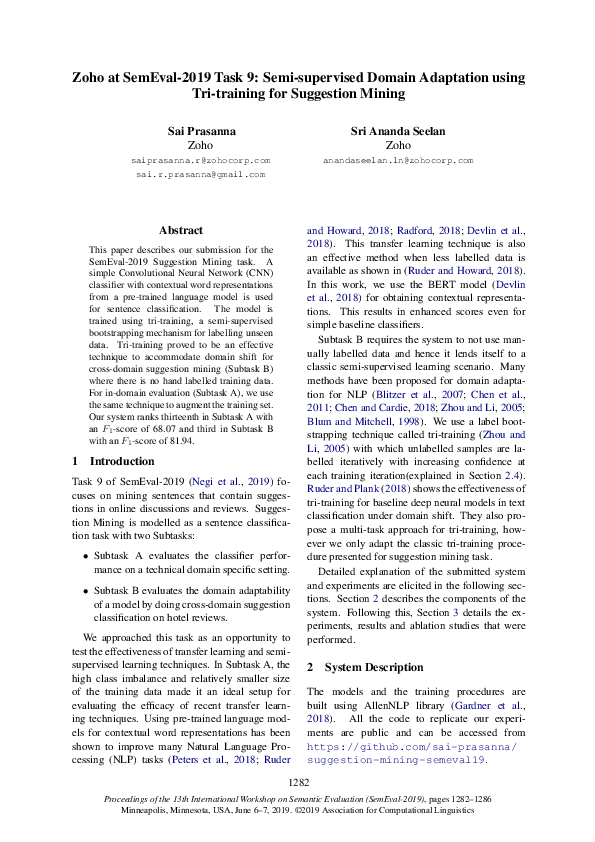 (PDF) Zoho at SemEval-2019 Task 9: Semi-supervised Domain Adaptation using Tri-training for ...