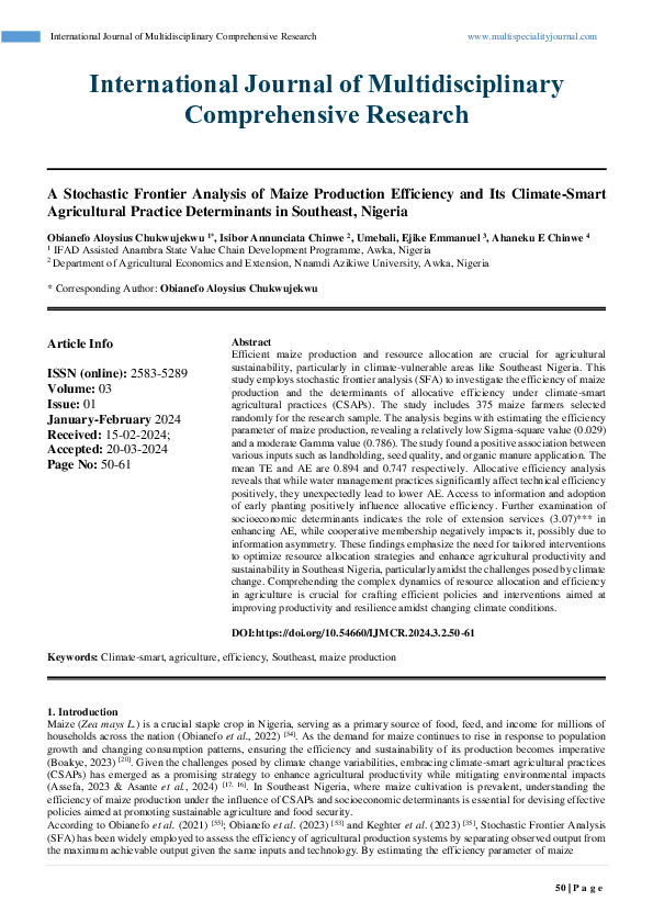 (PDF) A Stochastic Frontier Analysis of Maize Production Efficiency and Its Climate-Smart ...