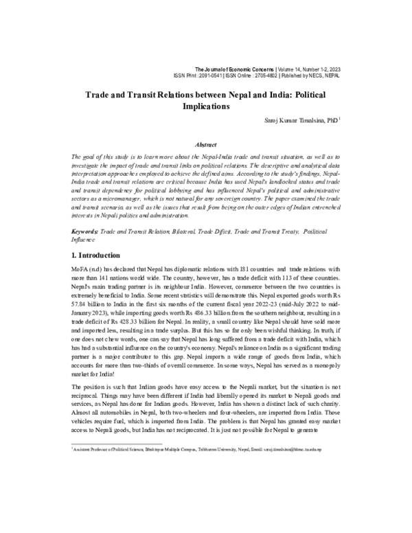 (PDF) Trade and Transit Relations between Nepal and India: Political ...