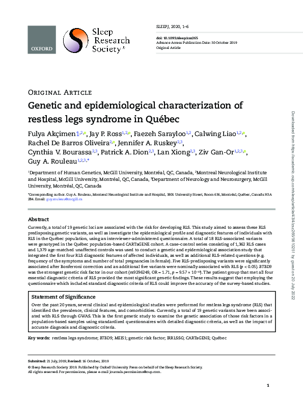 (PDF) Genetic and epidemiological characterization of restless legs ...