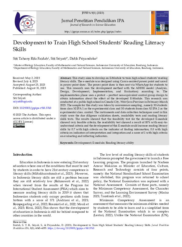 (PDF) Development to Train High School Students' Reading Literacy Skills