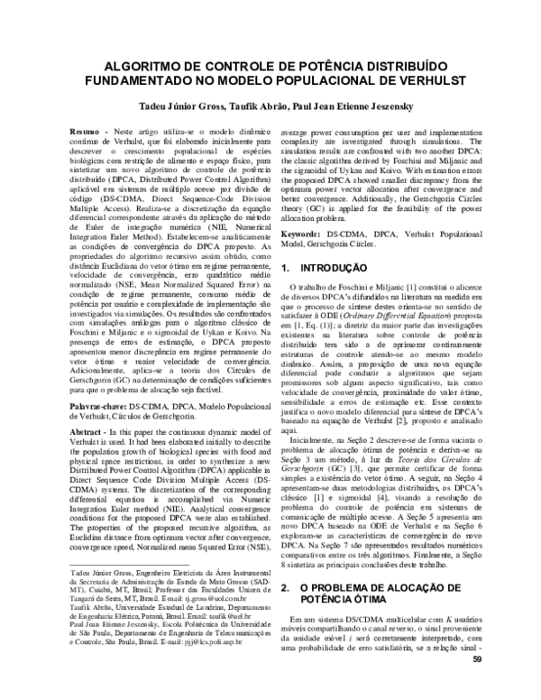 (PDF) Algoritmo de Controle de Potência Distribuído Fundamentado no Modelo Populacional de Verhulst