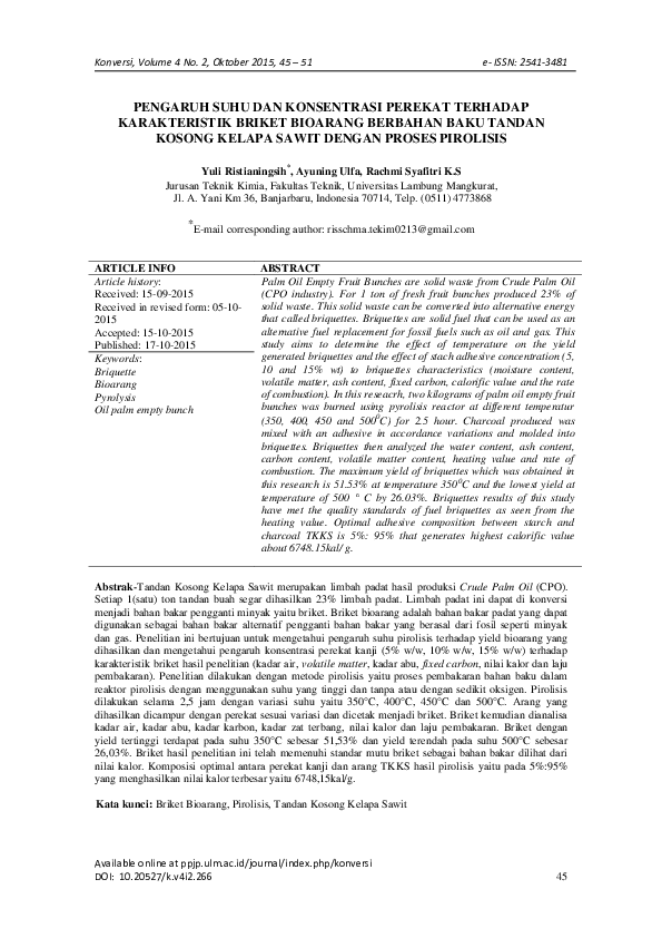 (PDF) Pengaruh Suhu Dan Konsentrasi Perekat Terhadap Karakteristik Briket Bioarang Berbahan Baku ...