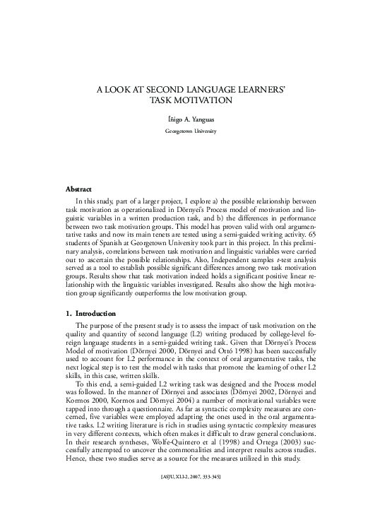 (PDF) A Look at Second Language Learners' Task Motivation