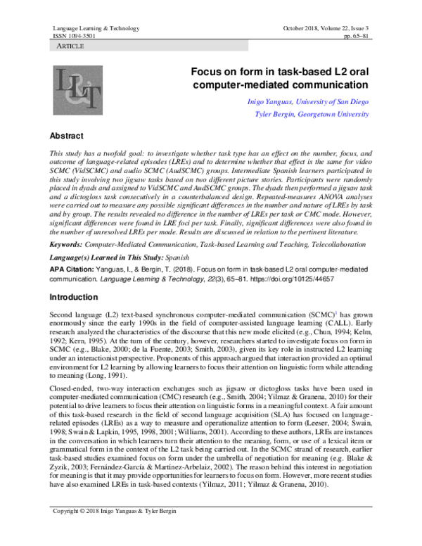 (PDF) Focus on form in task-based L2 oral computer-mediated communication | Inigo Yanguas ...