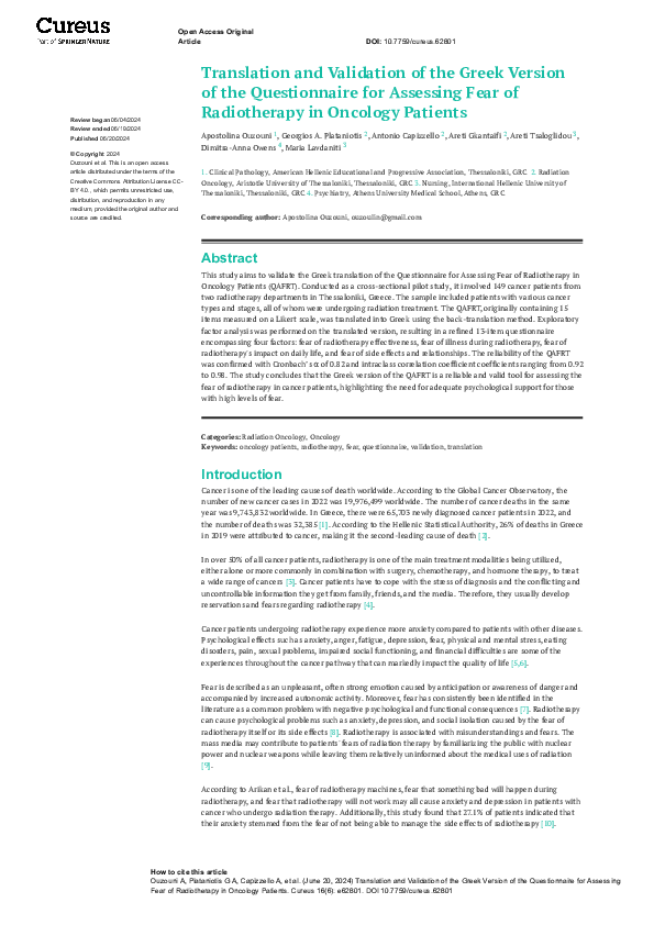 (PDF) Translation and Validation of the Greek Version of the Questionnaire for Assessing Fear of ...