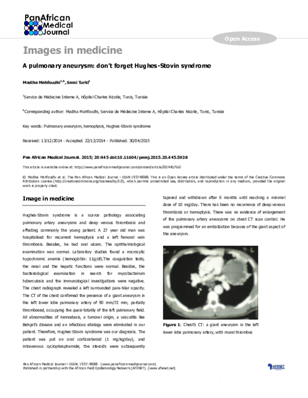 (PDF) A pulmonary aneurysm: don’t forget Hughes-Stovin syndrome | Sami ...