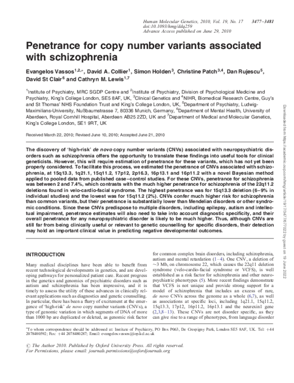 (PDF) Penetrance for copy number variants associated with schizophrenia
