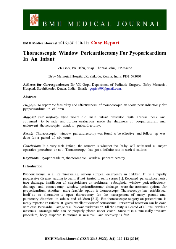 (PDF) Thoracoscopic Window Pericardiectomy For Pyopericardium In An Infant