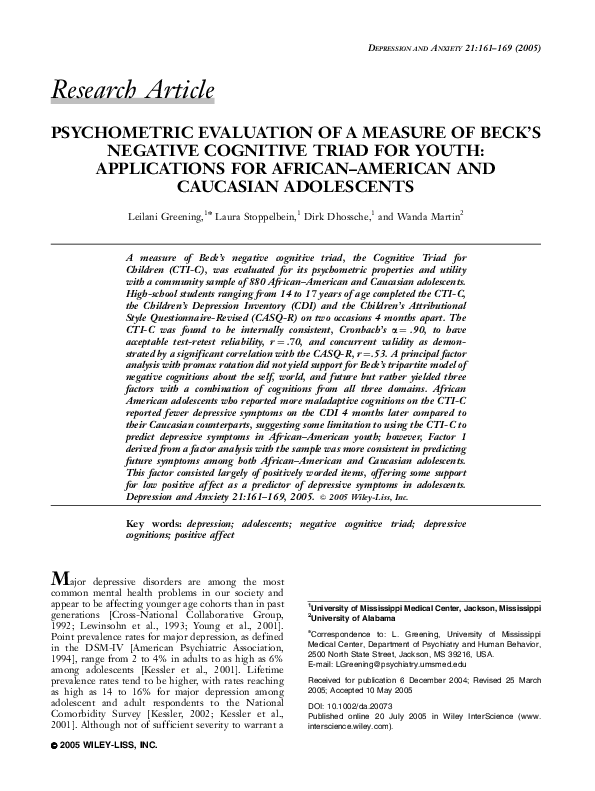 (PDF) Psychometric evaluation of a measure of Beck's negative cognitive ...