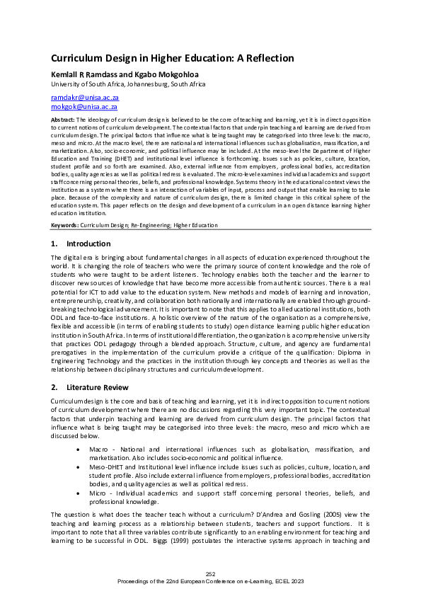 (PDF) Curriculum design in higher education: A reflection