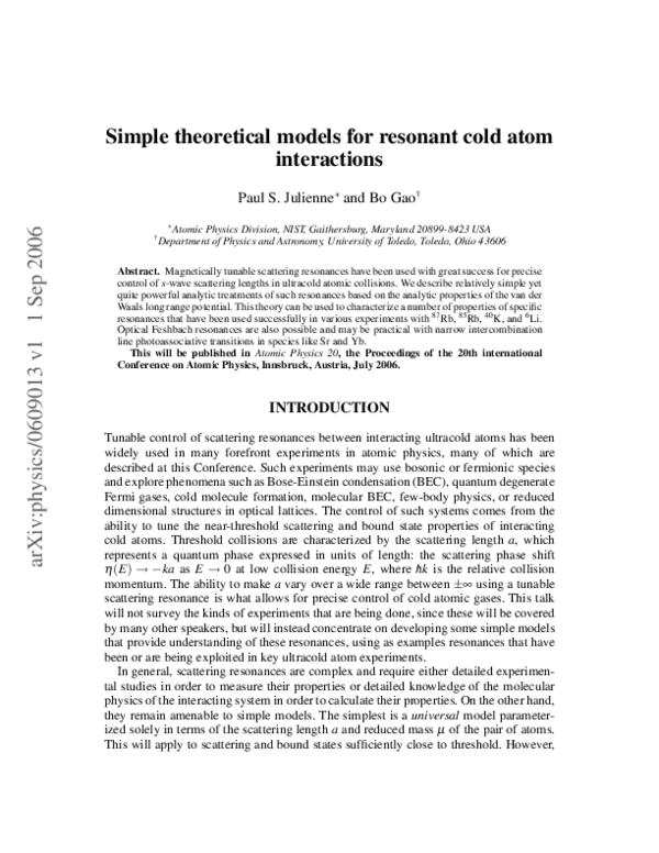 (PDF) Simple Theoretical Models for Resonant Cold Atom Interactions