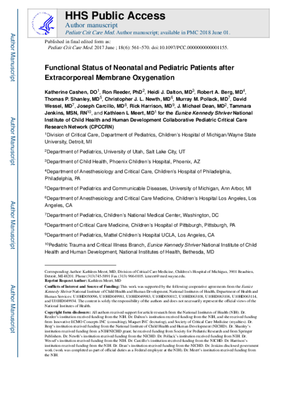 (PDF) Functional Status of Neonatal and Pediatric Patients After ...
