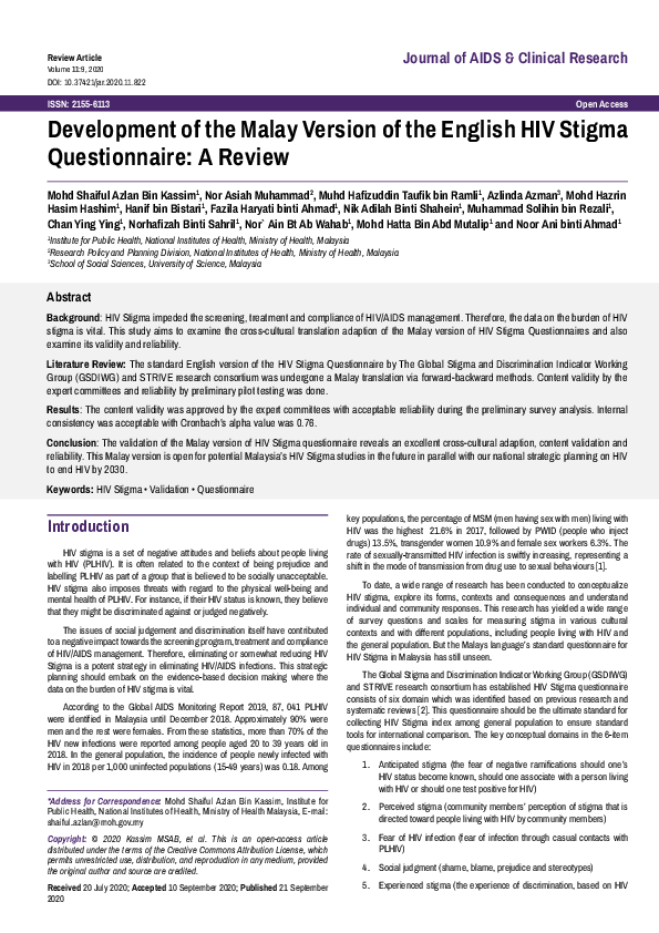 (PDF) Development of the Malay Version of the English HIV Stigma Questionnaire: A Review