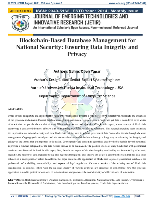 (PDF) Blockchain-Based Database Management for National Security: Ensuring Data Integrity and ...