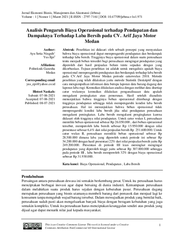 (PDF) Analisis Pengaruh Biaya Operasional terhadap Pendapatan dan Dampaknya Terhadap Laba Bersih ...