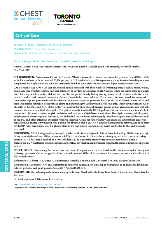 (PDF) It's Not Jungle Fever: Autoimmune Hemolytic Anemia and Lupus ...