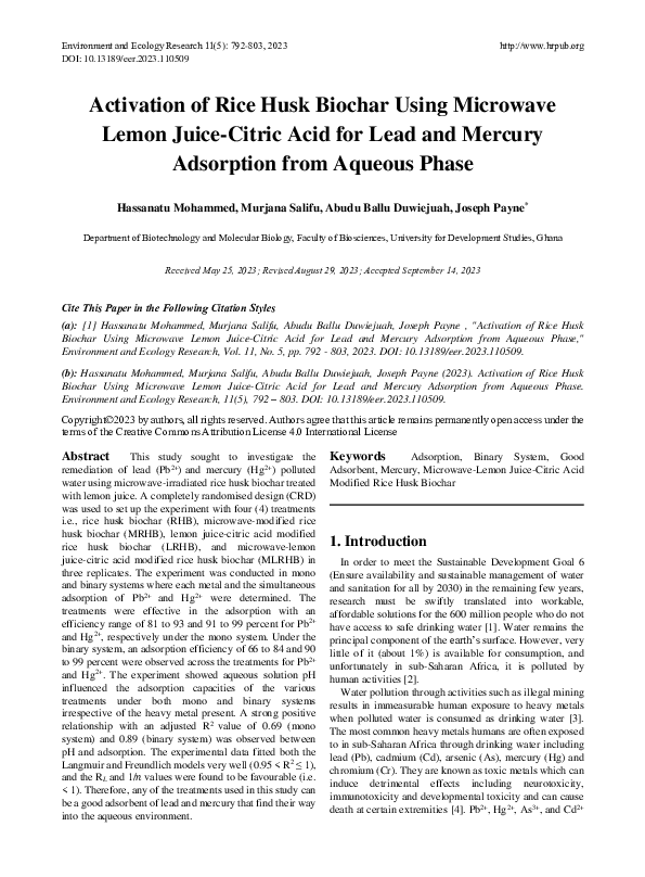 (PDF) Activation of Rice Husk Biochar Using Microwave Lemon Juice-Citric Acid for Lead and ...