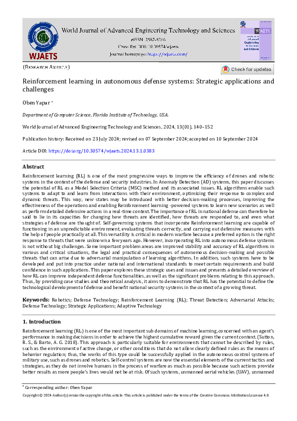 (PDF) Reinforcement learning in autonomous defense systems: Strategic applications and challenges