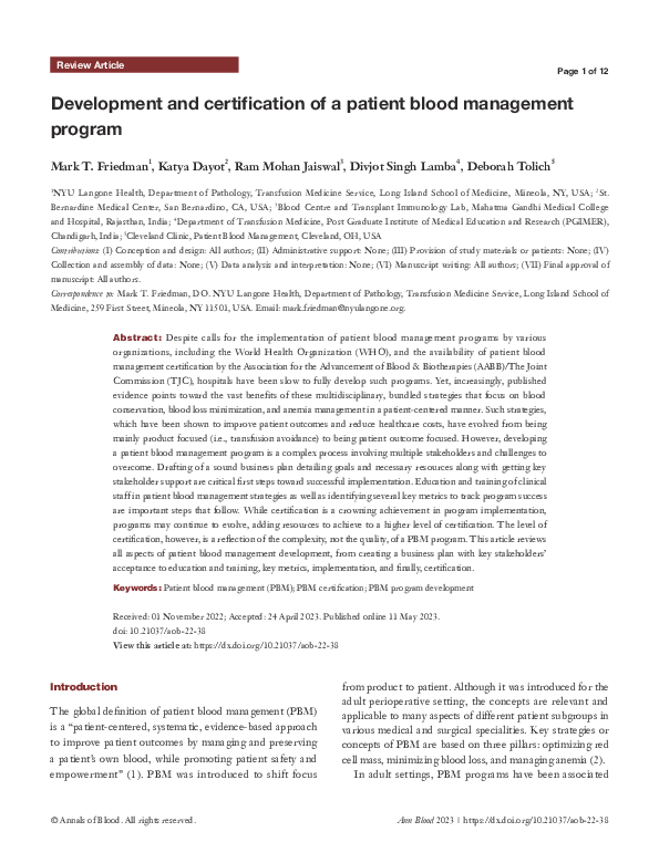 (PDF) Development and certification of a patient blood management program