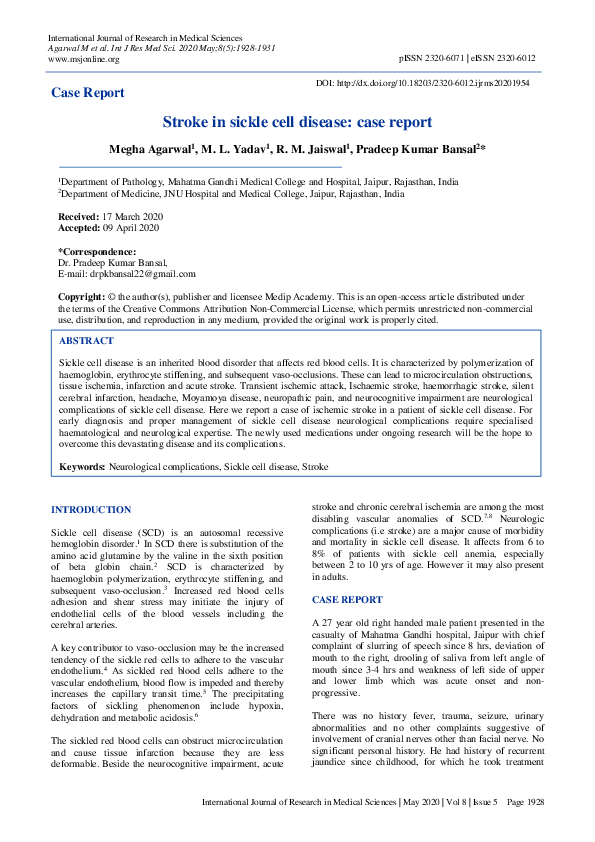 (PDF) Stroke in sickle cell disease: case report