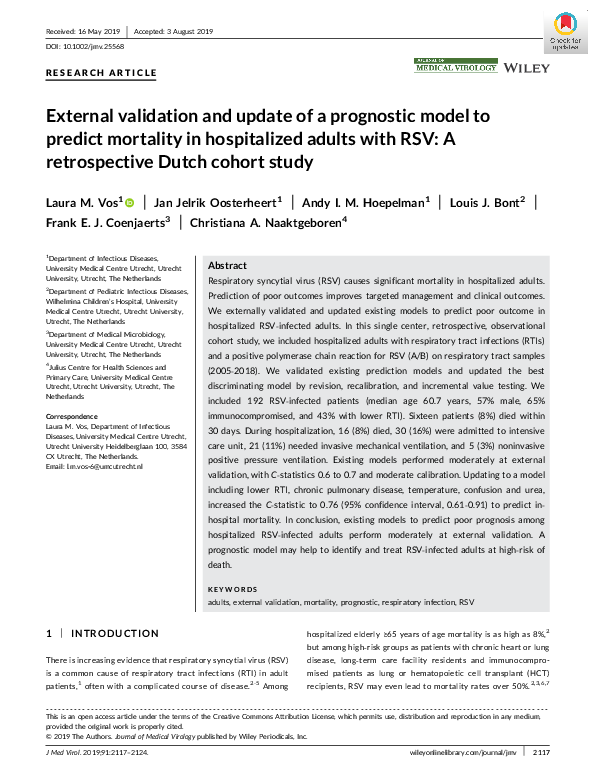 (PDF) External validation and update of a prognostic model to predict mortality in hospitalized ...