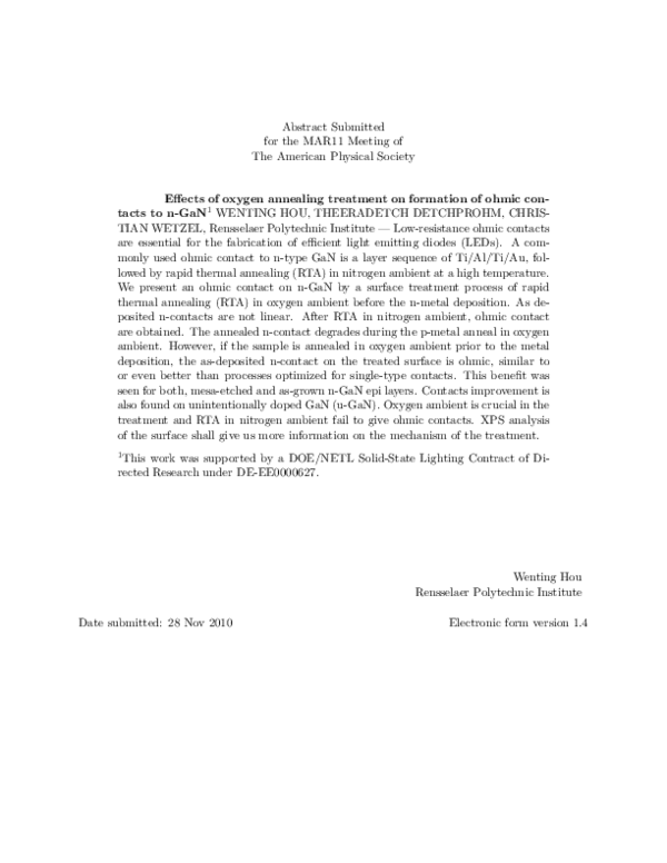 (PDF) Effects of oxygen annealing treatment on formation of ohmic contacts to n-GaN ...