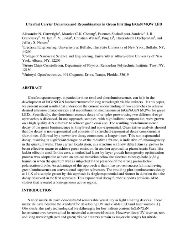 (PDF) Ultrafast Carrier Dynamics and Recombination in Green Emitting InGaN MQW LED | Theeradetch ...