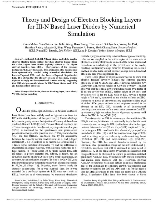 (PDF) Theory and Design of Electron Blocking Layers for III-N Based Laser Diodes by Numerical ...