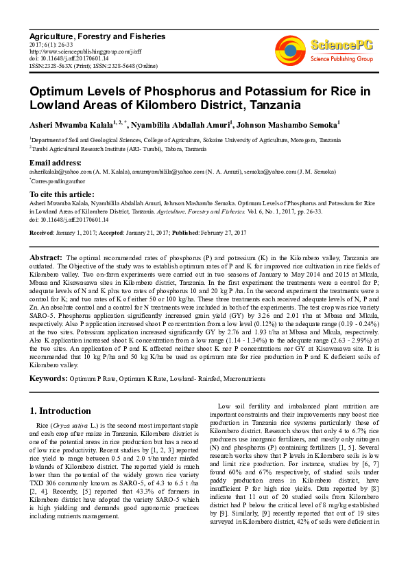 (PDF) Optimum Levels of Phosphorus and Potassium for Rice in Lowland ...