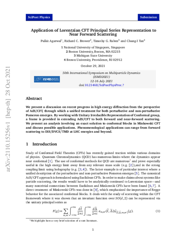 (PDF) Application of Lorentzian CFT Principal Series Representation to Near Forward Scattering