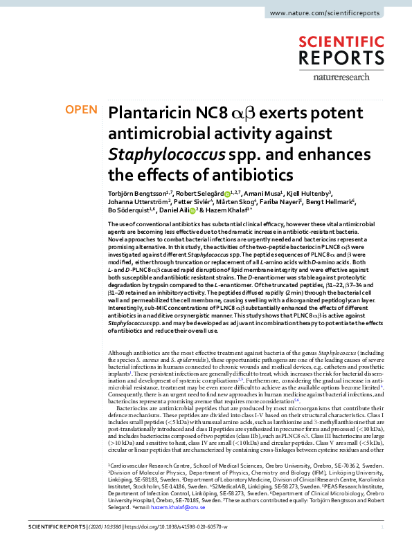 (PDF) Plantaricin NC8 αβ exerts potent antimicrobial activity against Staphylococcus spp. and ...