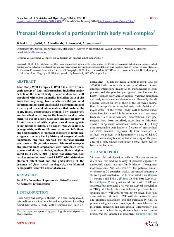 (PDF) Prenatal diagnosis of a particular limb body wall complex