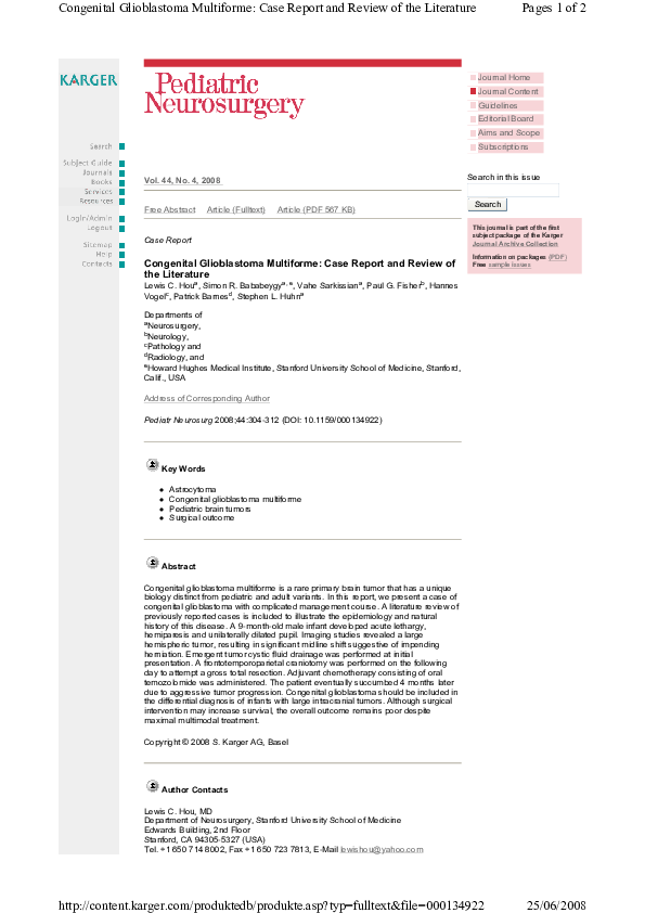 (PDF) Congenital Glioblastoma Multiforme: Case Report and Review of the Literature