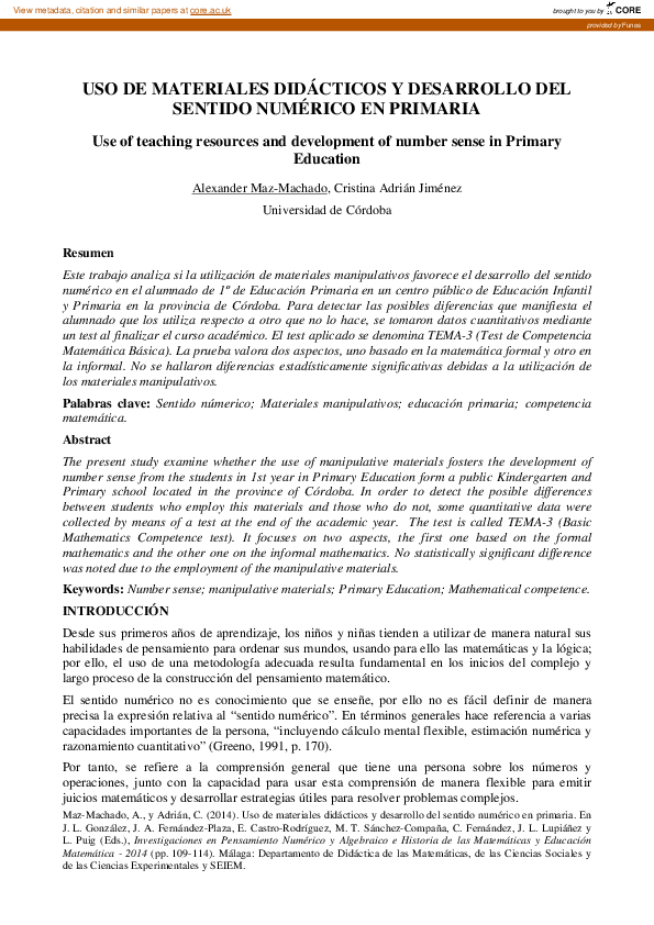 (PDF) Uso De Materiales Didácticos y Desarrollo Del Sentido Numérico en ...